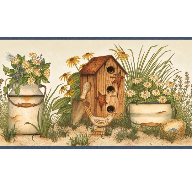 878404 Buckets of Blooms Birdhouses Wallpaper Border AAI08052b ...
