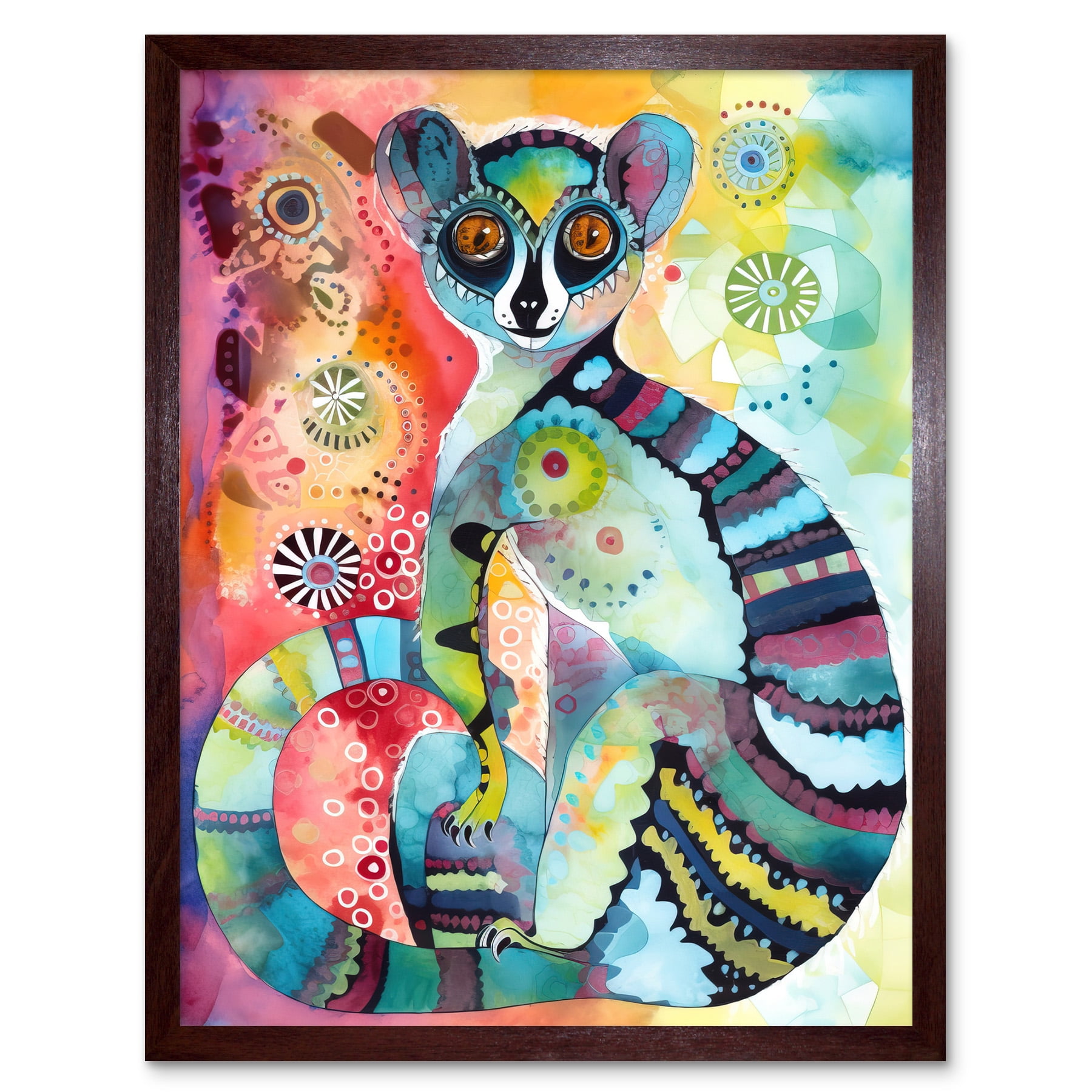 Striped Ring-Tailed Lemur Multicoloured Folk Art Watercolour Painting ...