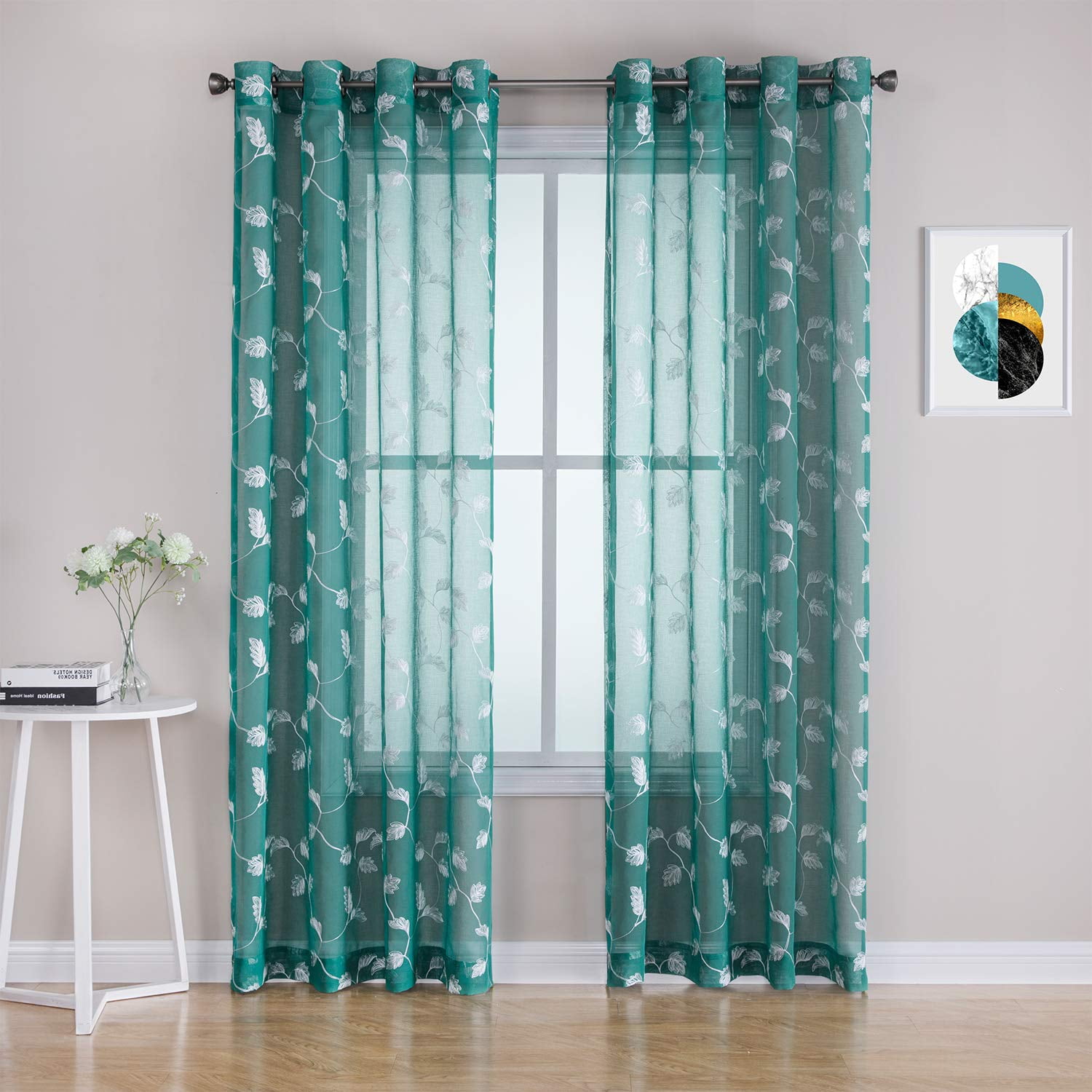 Sheer Curtains, Leaf Embroidery Teal Sheer Window Curtains Faux Linen ...