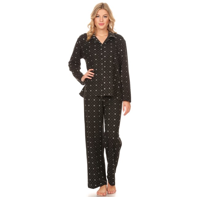 Z2152 Womens Sleepwear Pajamas Woman Long Sleeve Button Down Set Black
