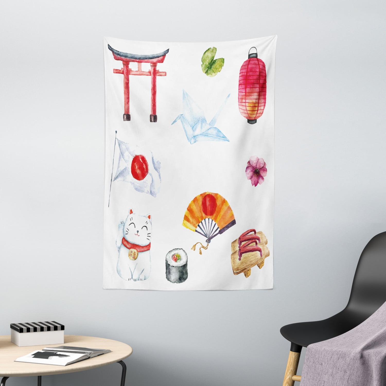 Japanese Tapestry, Hand Drawn Traditional Elements Watercolors Torii ...