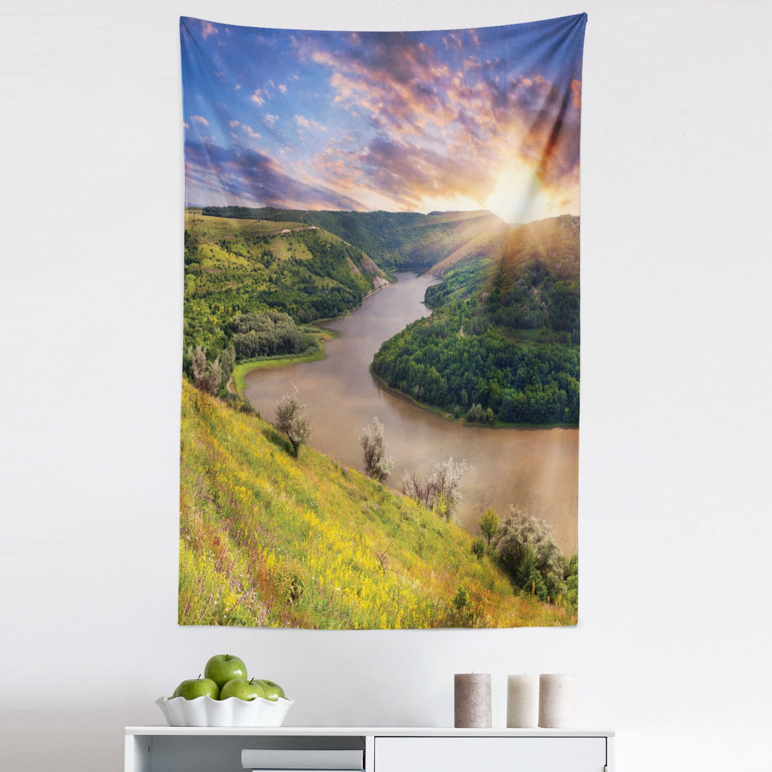 Nature Tapestry, Rising Sun over Calm Riverbed with Trees and Meadows ...