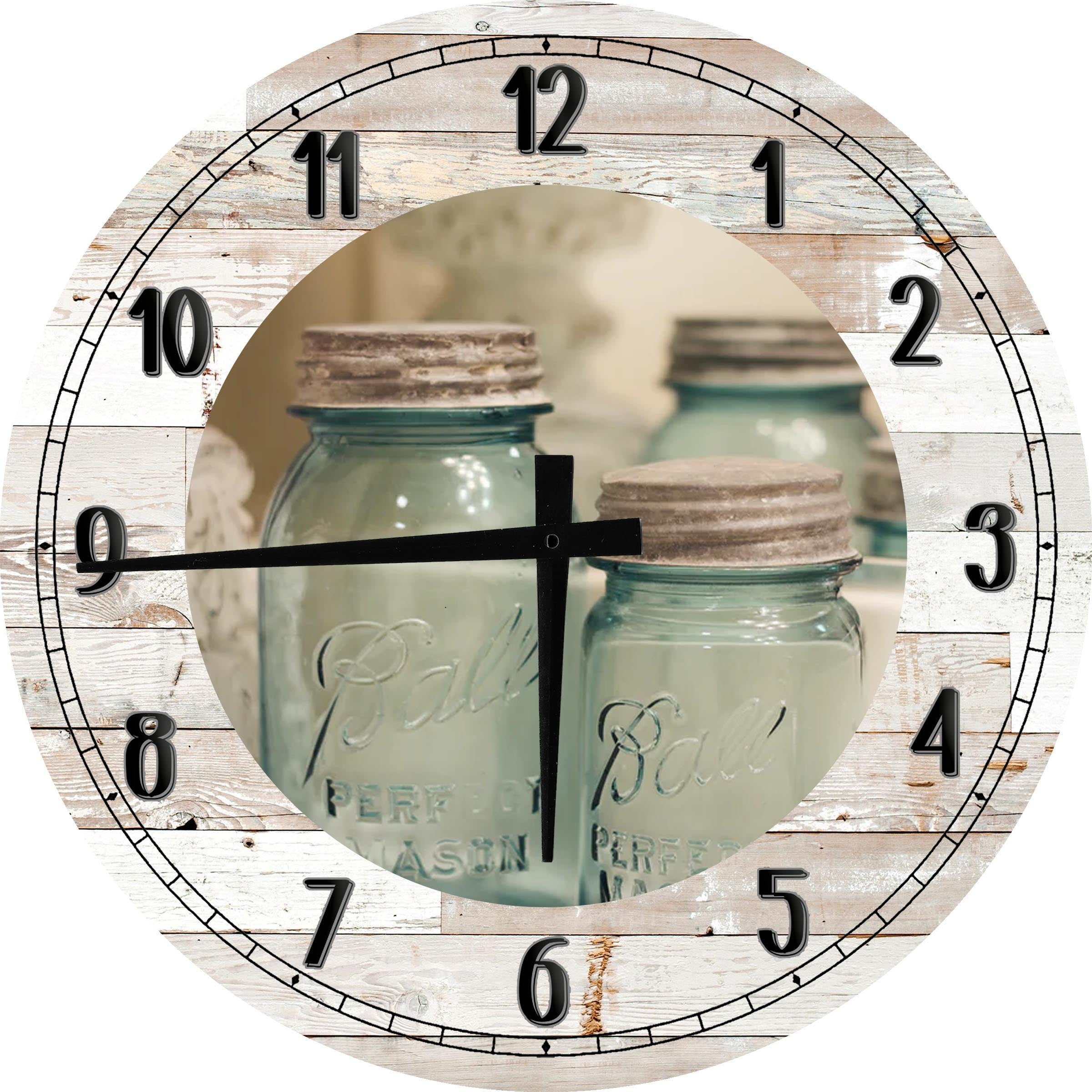 Wood Wall Clock 12 Inch Kitchen Wall Art Farmhouse Glass Jars Round ...