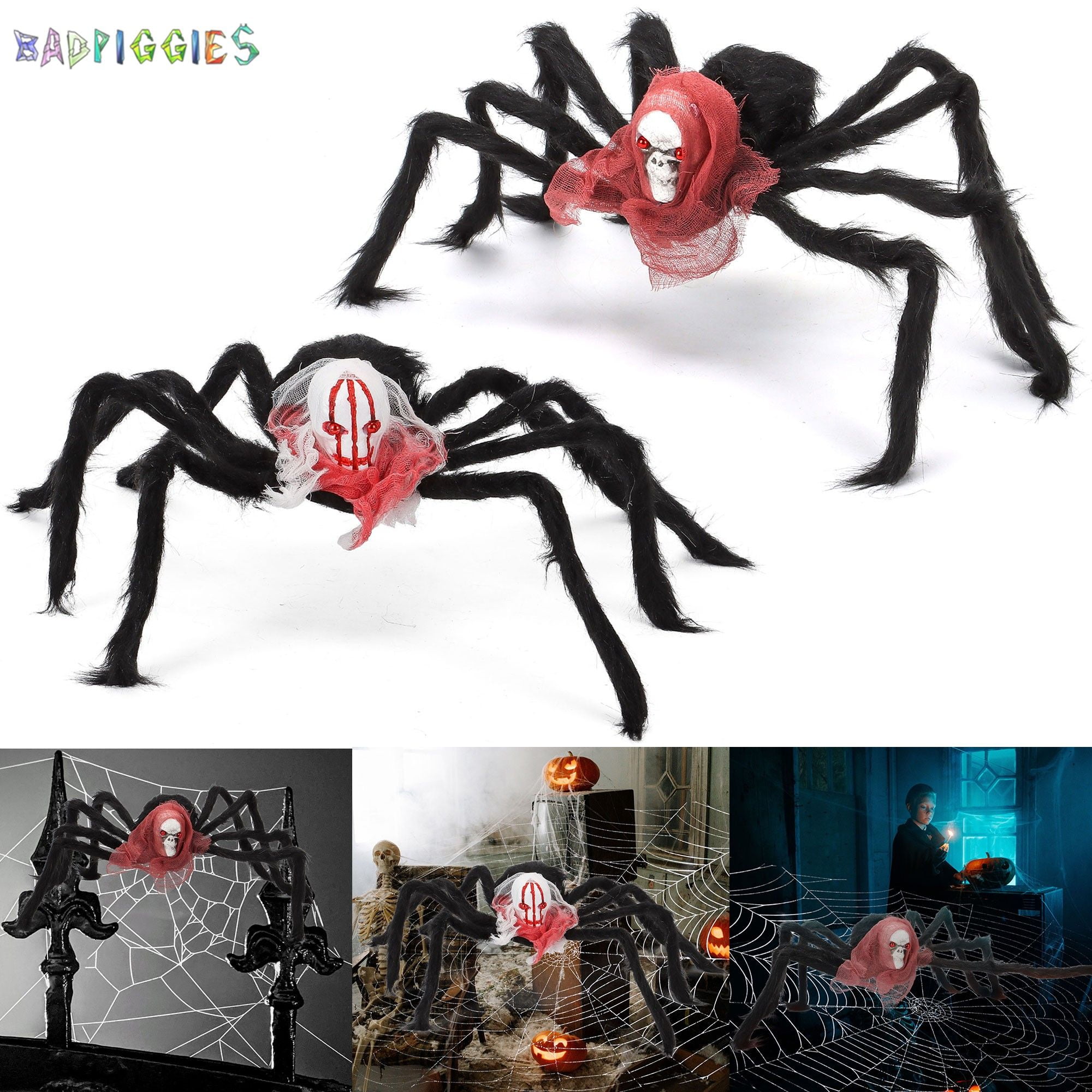 BadPiggies 4-Pack 28in Halloween Giant Spider Decorations Large Scary ...