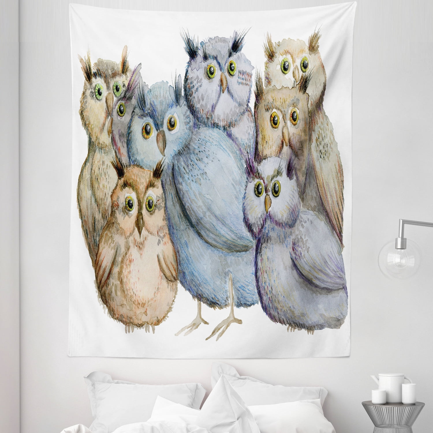 Owl Tapestry, Watercolor Hand Drawn Owl Family Portrait Vintage ...