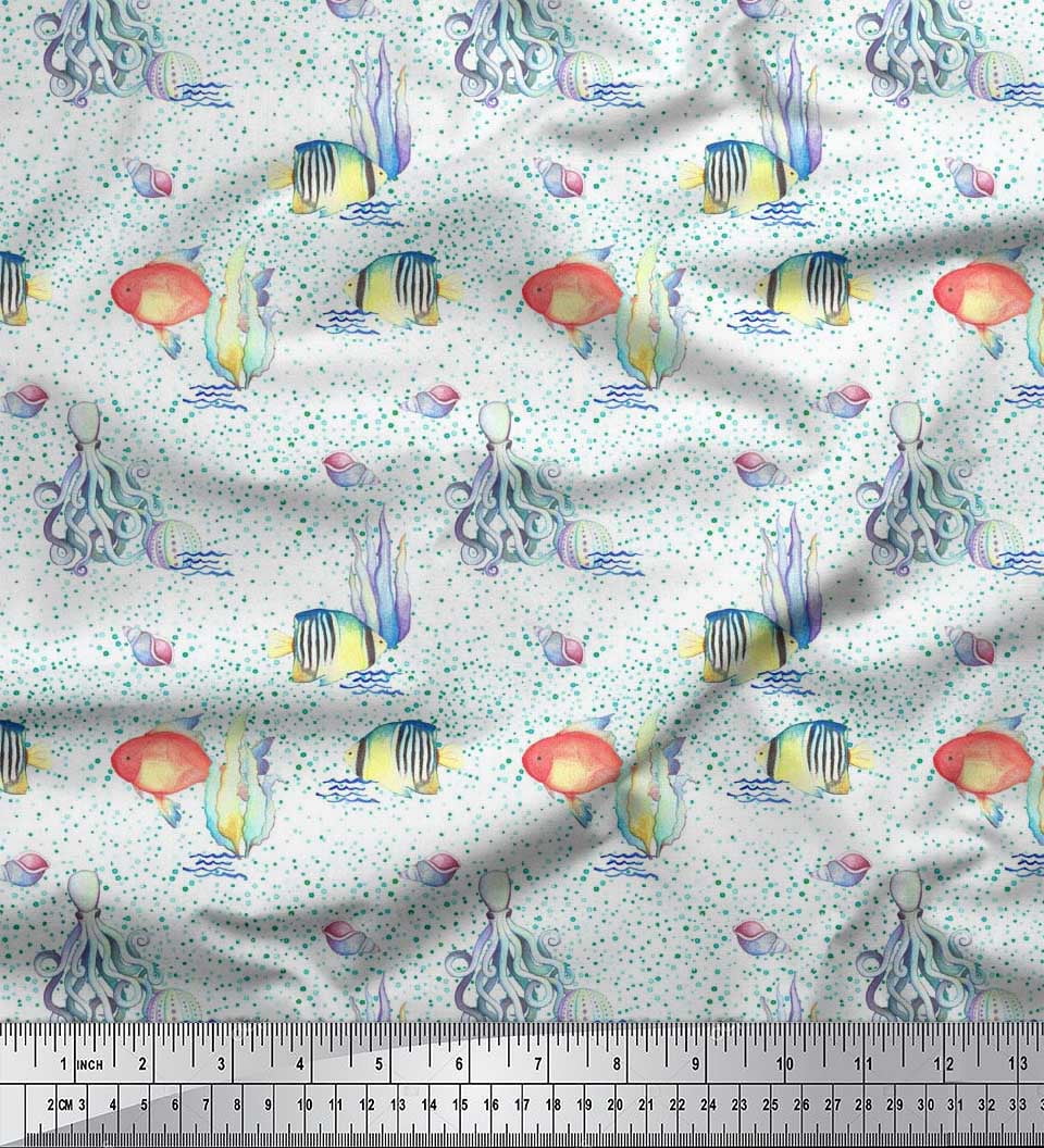 Soimoi Crepe Silk Fabric Fish & Octopus Ocean Print Fabric by Yard 42 ...