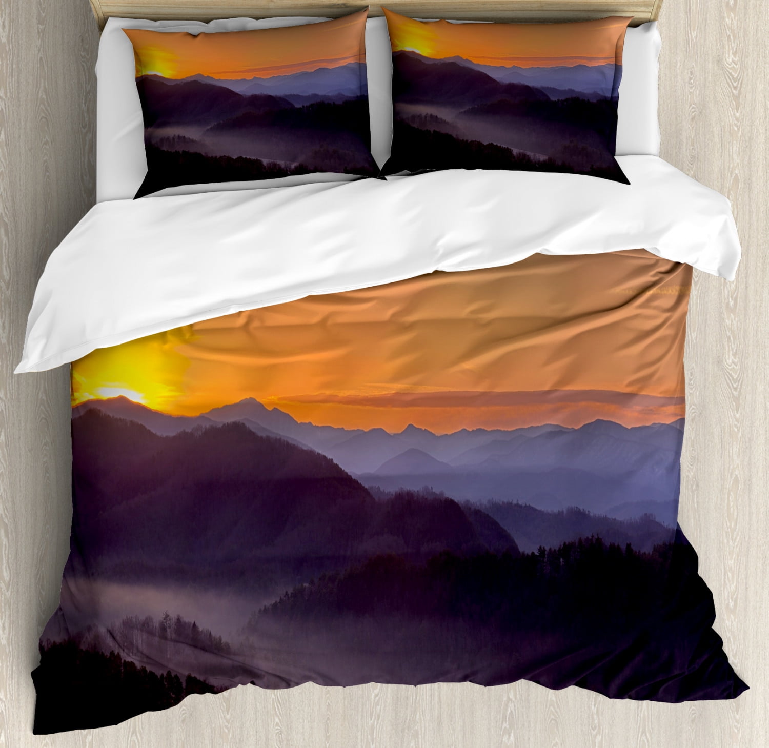 Appalachian Duvet Cover Set Queen Size, Panoramic Photo of Sun Rising ...