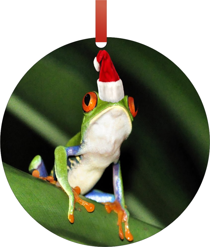 Tree Frog in a Santa Claus Hat Round Shaped Flat Semigloss Aluminum ...