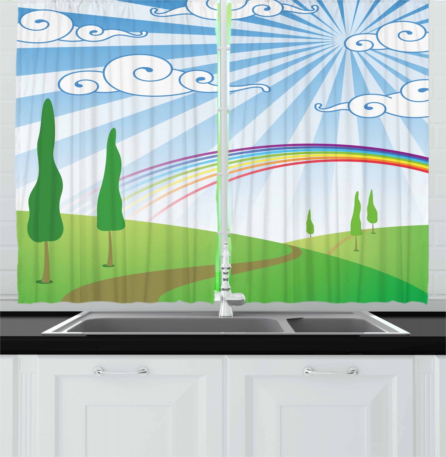 Cloud Curtains 2 Panels Set, Rainbow on a Meadow with Road and Trees ...