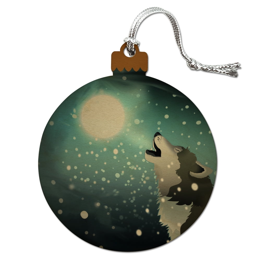 Howling Wolf with Moon and Snow Wood Christmas Tree Holiday Ornament ...