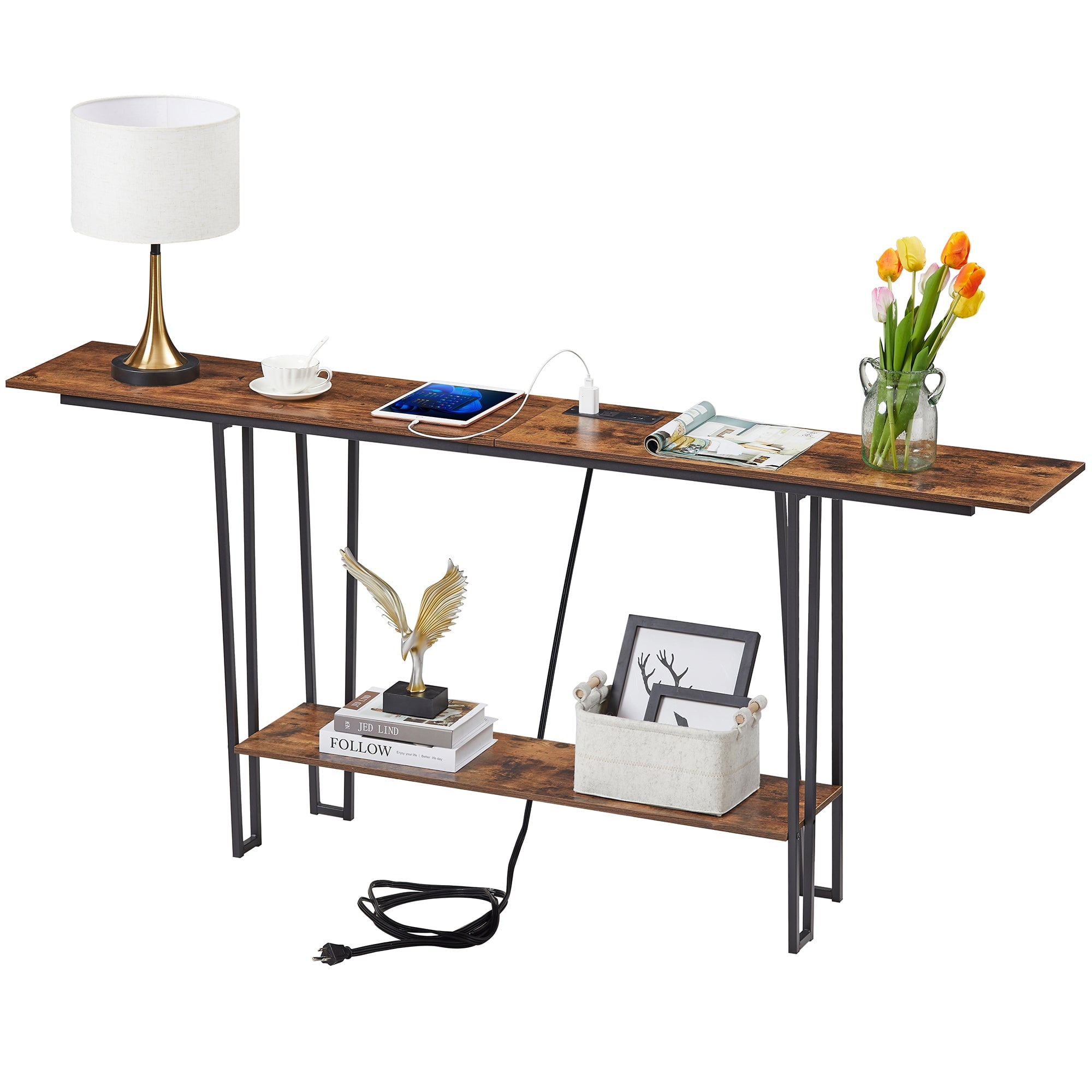 VECELO 70.8" Console Table with Charging Station, Industrial Sofa Table ...