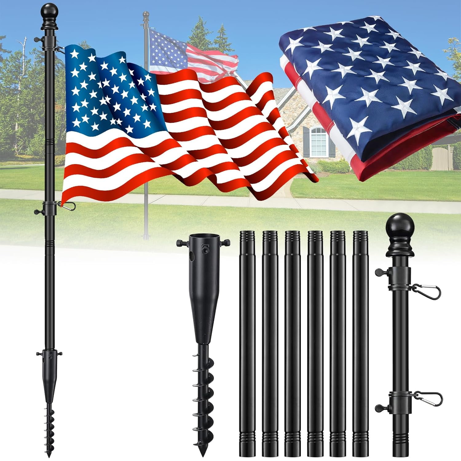 SHIQI-Flag Poles for 3x5 Flags Outdoor - 9 ft Tangle Free Stainless ...