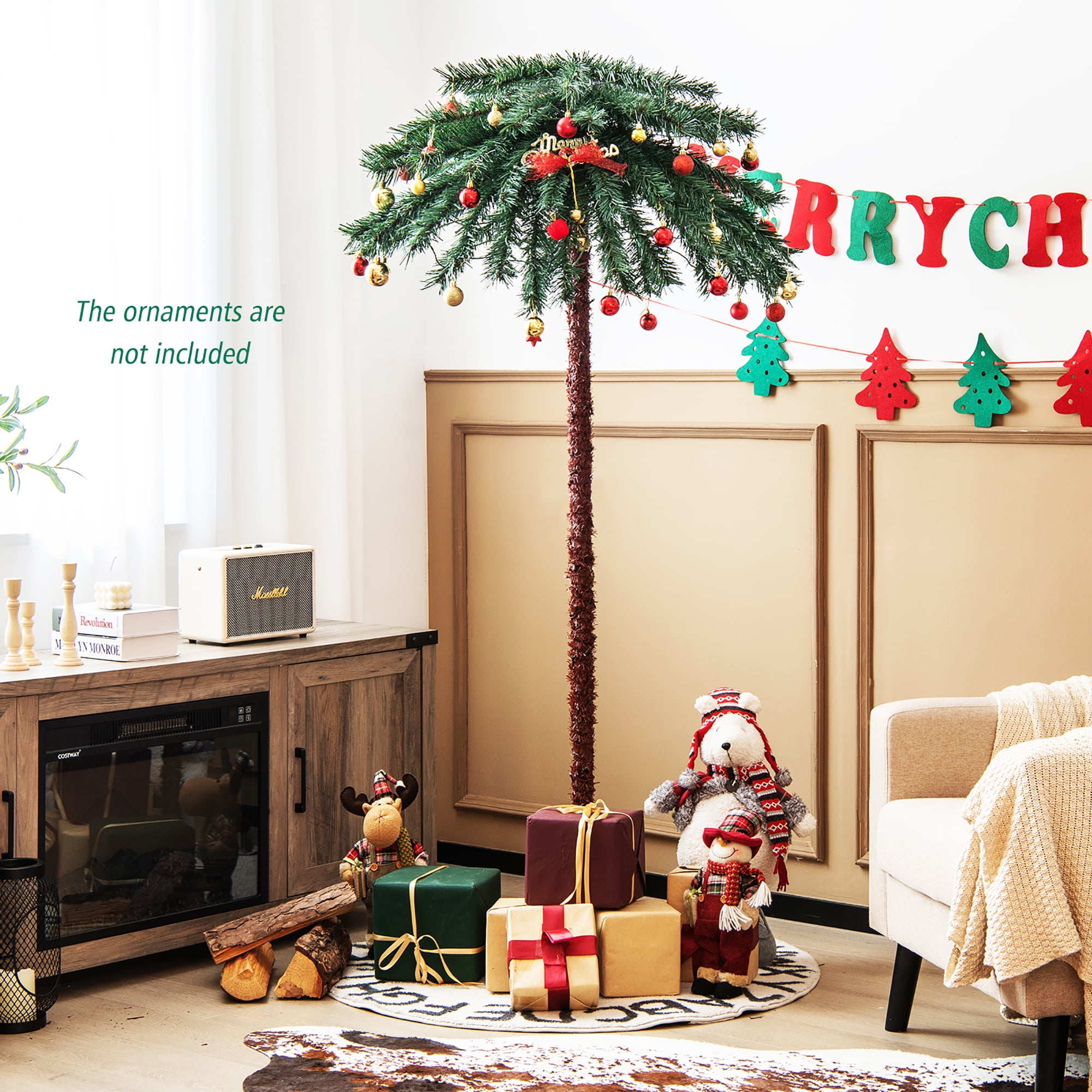 Gymax 6FT Artificial Palm Christmas Tree Pre-Lit Decor Tree w/ PVC ...