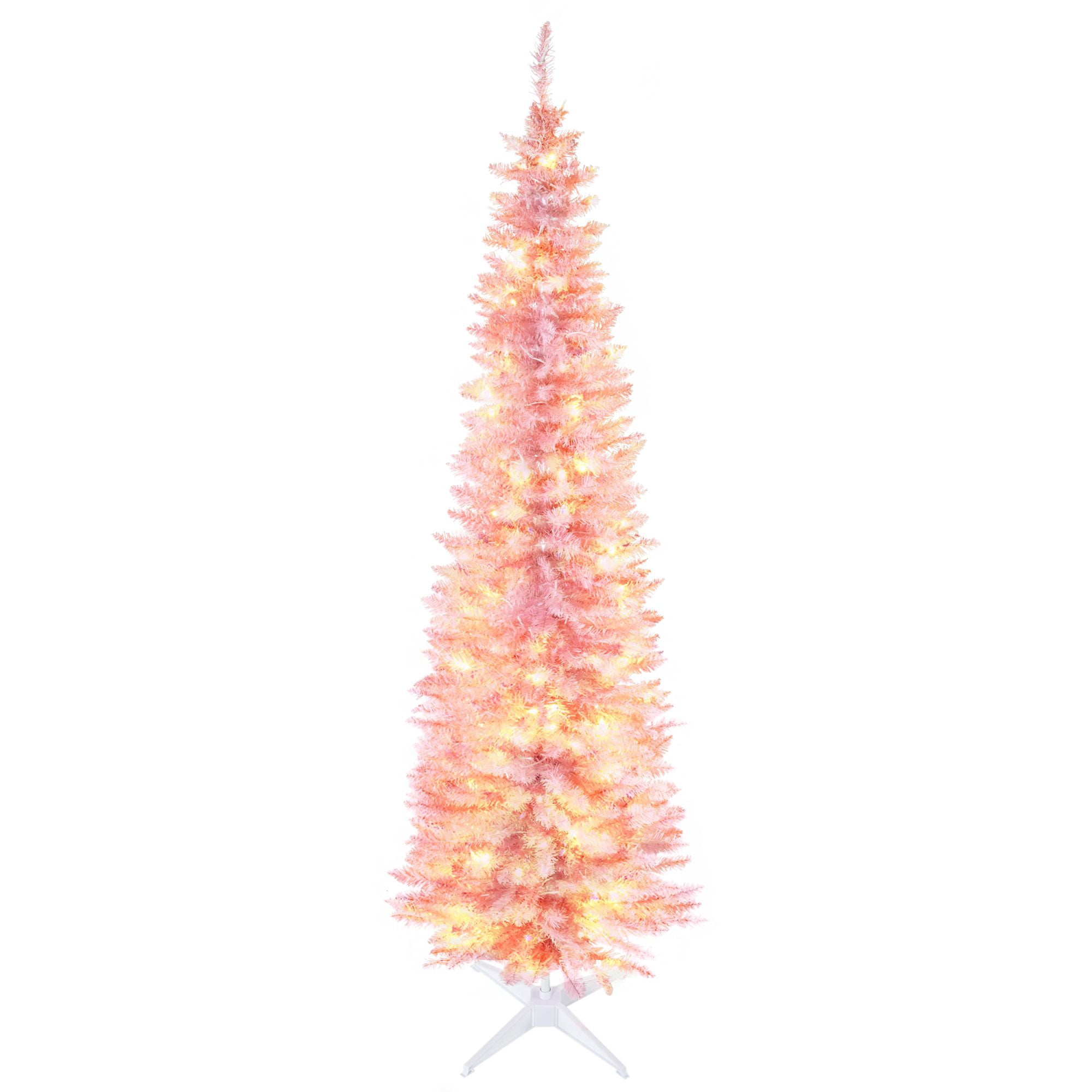 7ft Pink Pencil Christmas Tree with 200 Warm White LED Lights - Slim ...