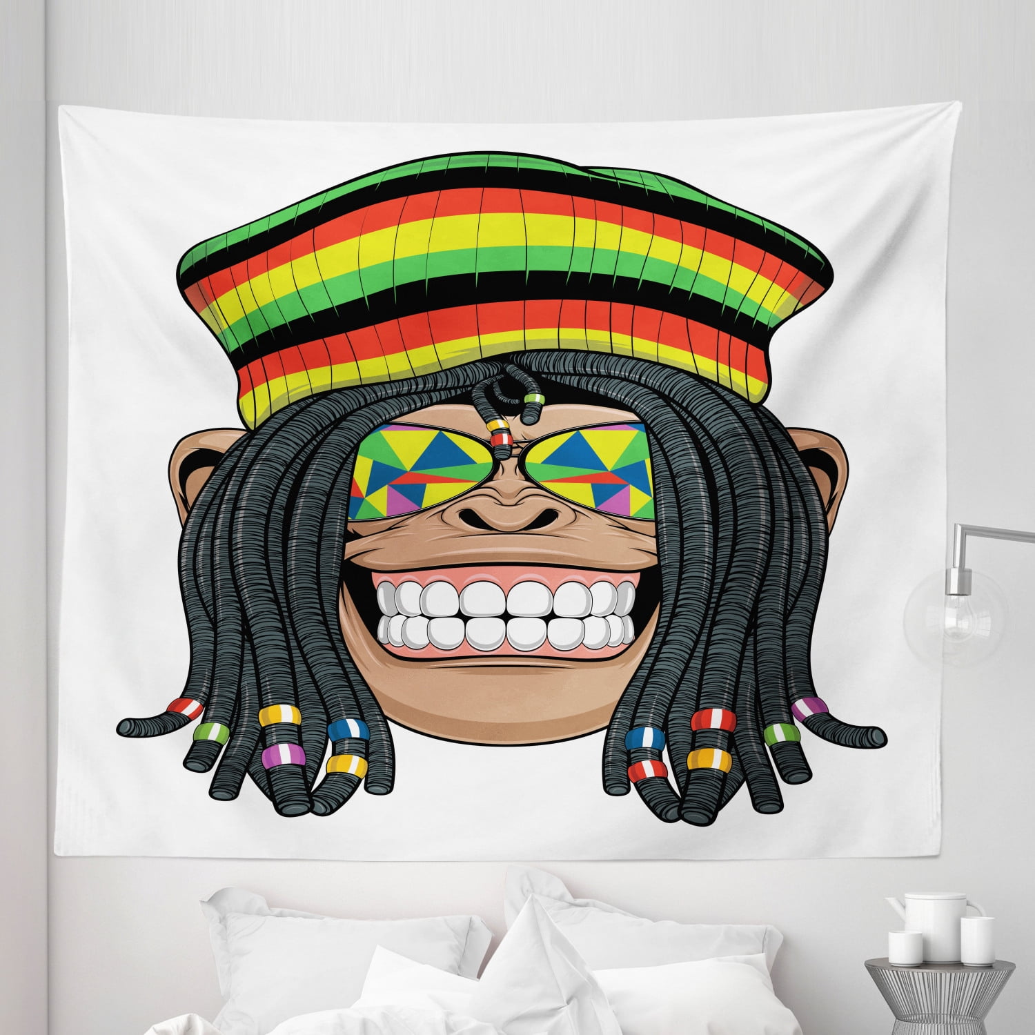 Monkey Tapestry, Portrait of Chimpanzee with Dreadlocks and Cap Hippie ...