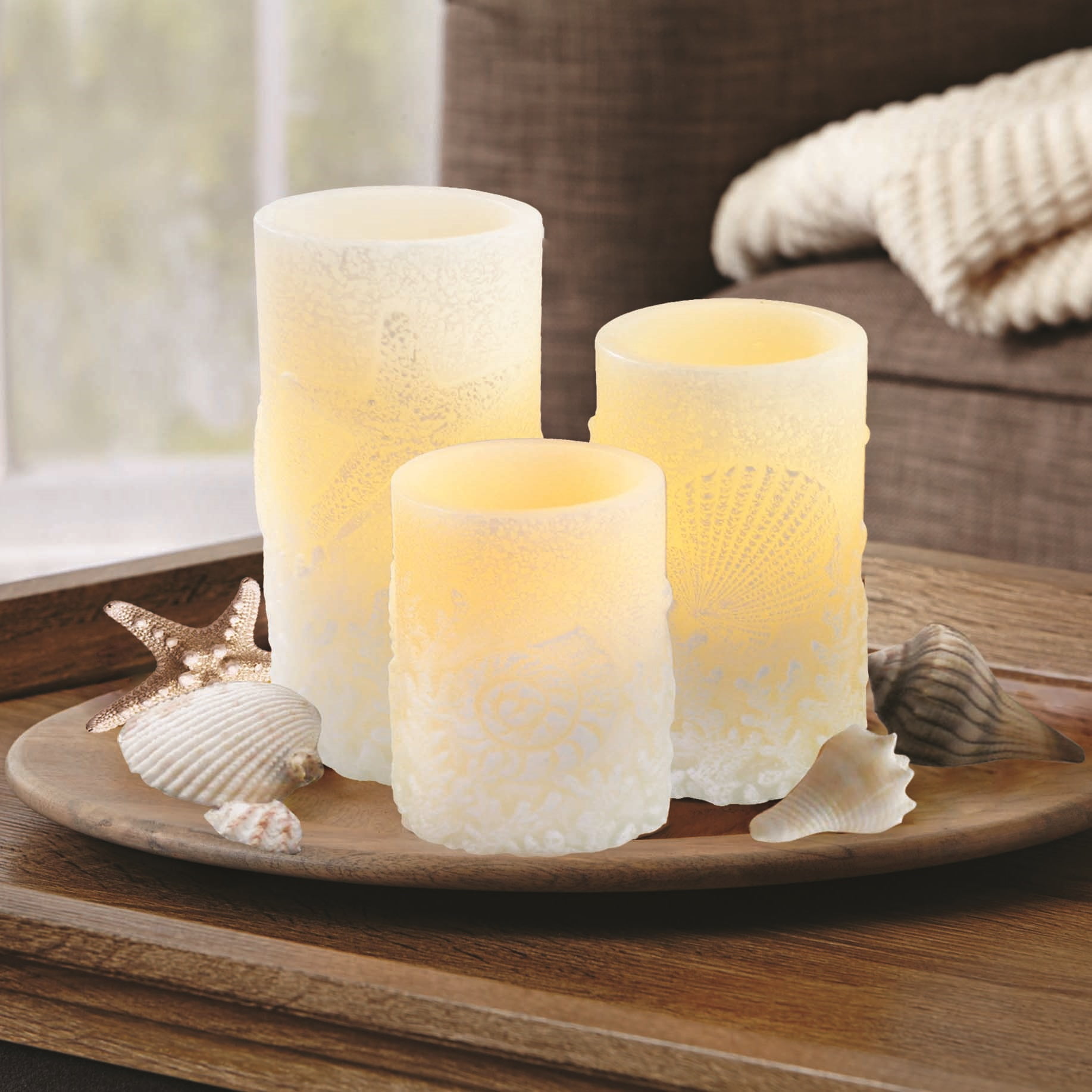 Better Homes and Gardens Flameless LED Pillar Candles 3-Pack Sea Shells ...