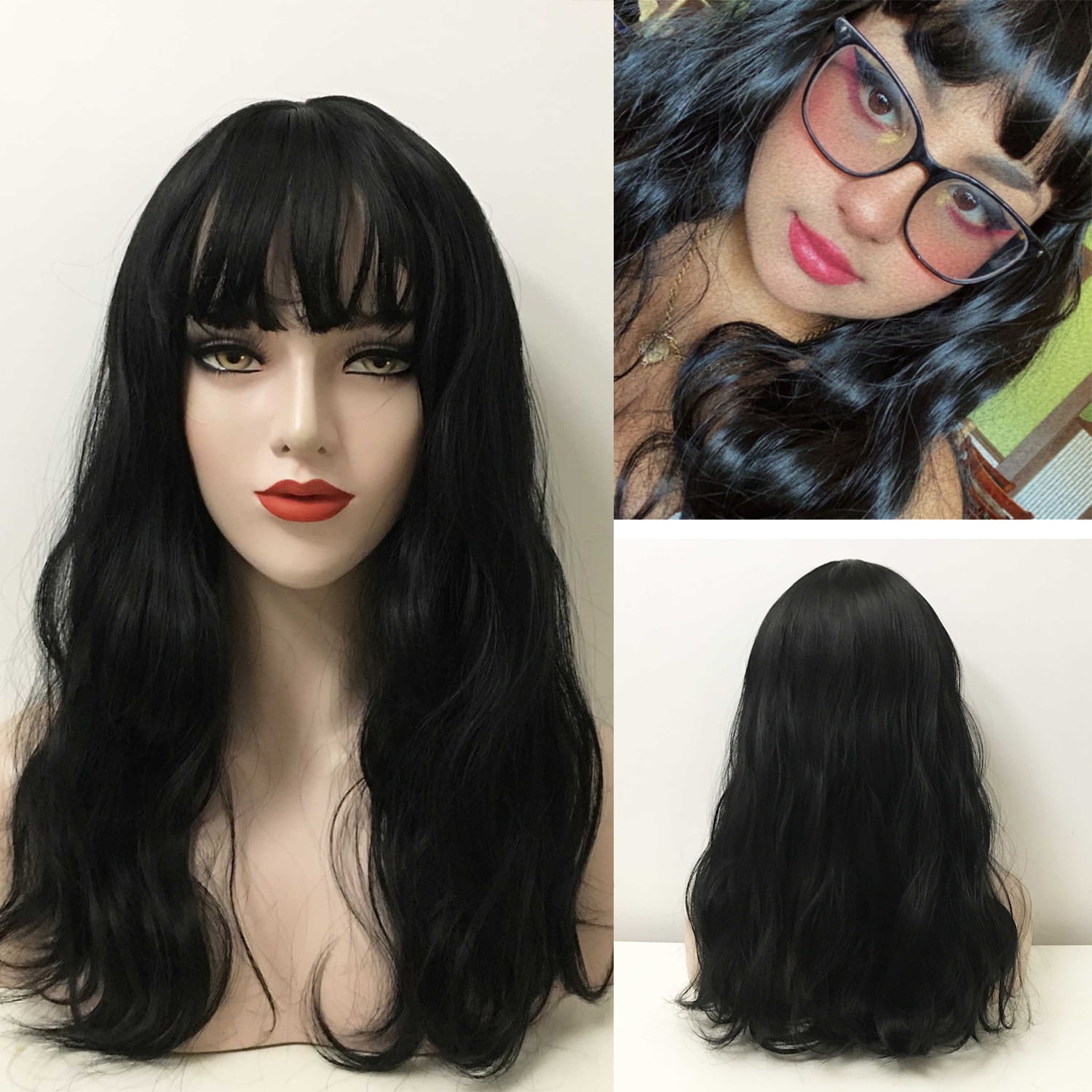 Nevermindyrhead Long Black Wavy Wig for Women, Natural Wavy Wigs with ...