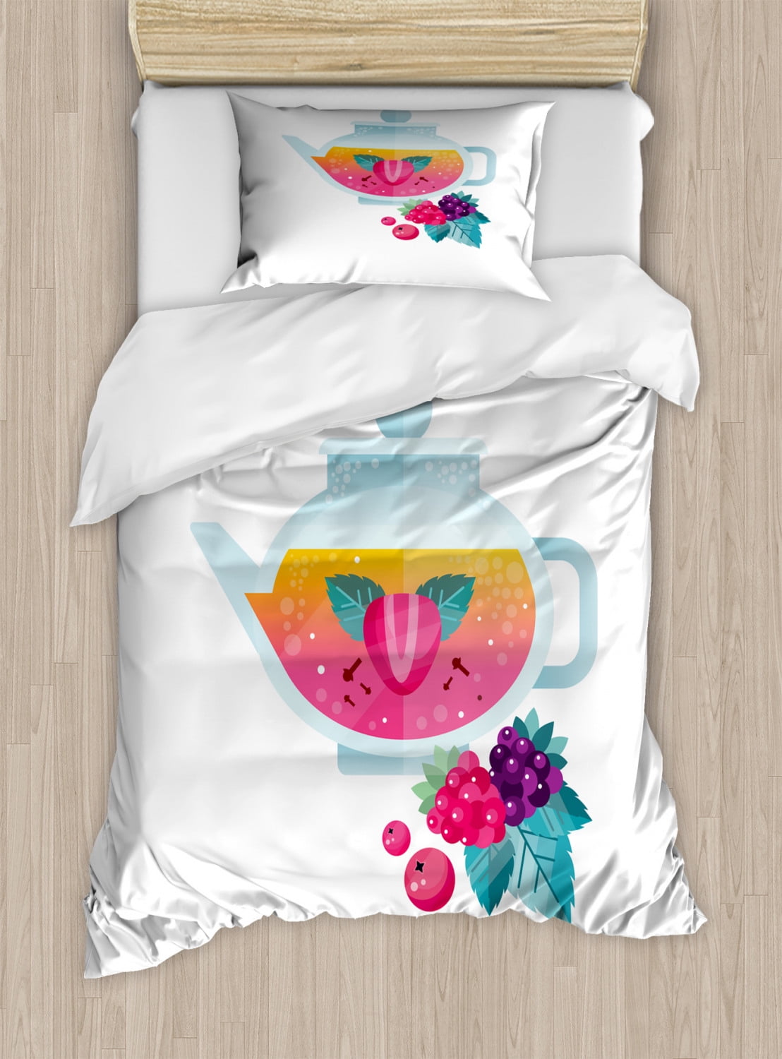 Cranberry Duvet Cover Set Twin Size, Tea Cup with Herbal Tea Berry ...