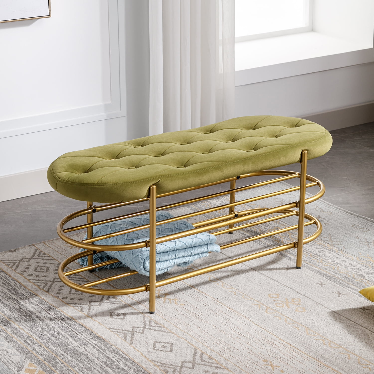 Kepooman Olive Green Beach, Upholstered End of Bed Bench with 2 Shelf ...