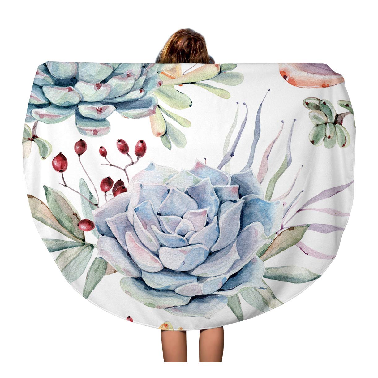 SIDONKU 60 inch Round Beach Towel Blanket Pattern Watercolor Succulents ...