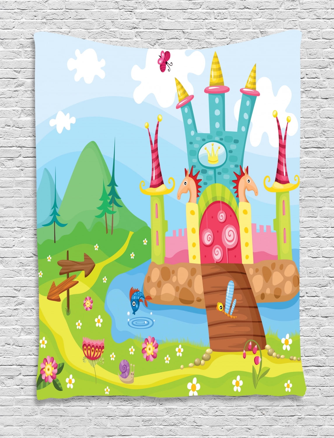 Fairy Tale Tapestry, Jester Hat Furnished Castle with Fishes in the ...