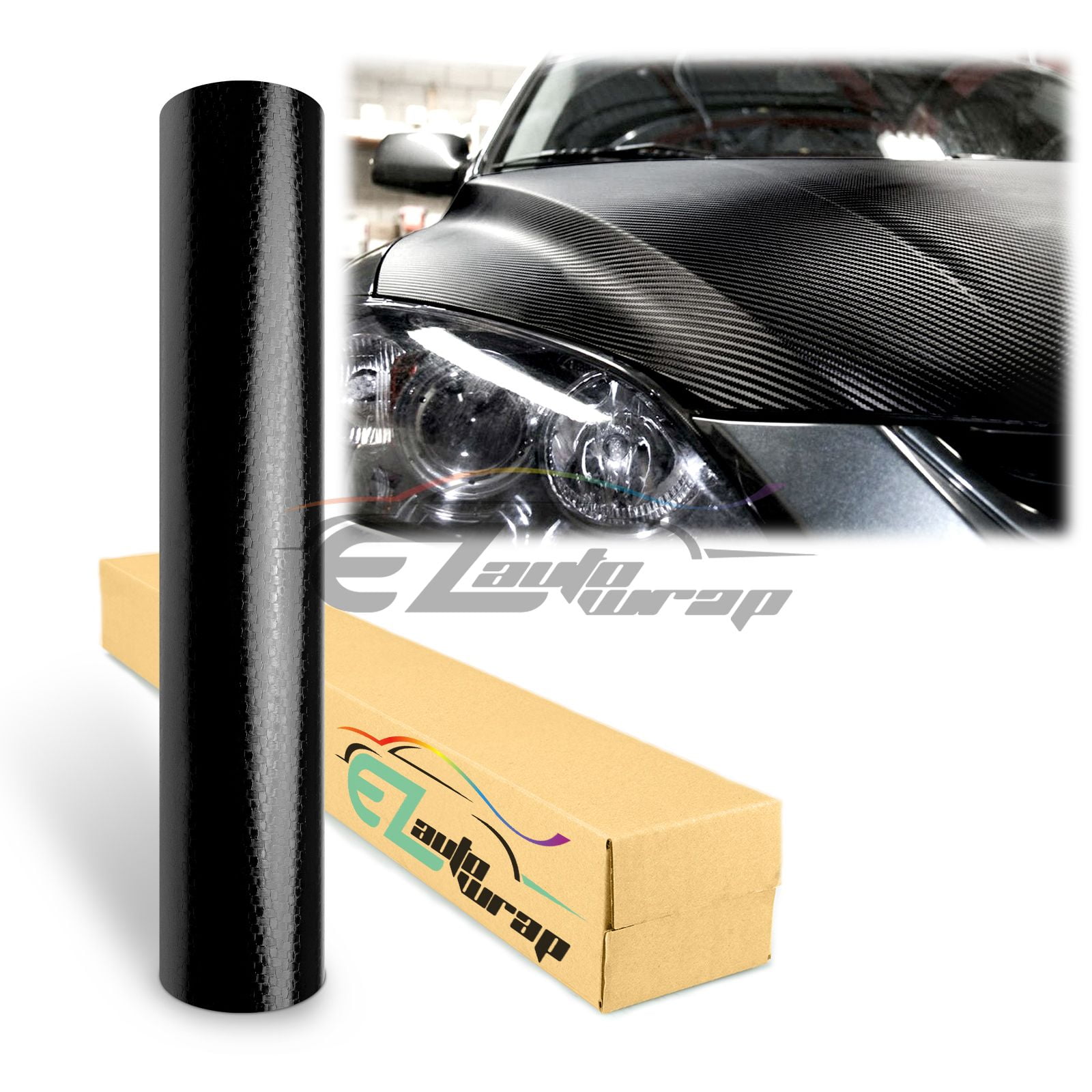 EZAUTOWRAP 3D Carbon Fiber Textured Black Shiny Car Vinyl Wrap Sticker ...