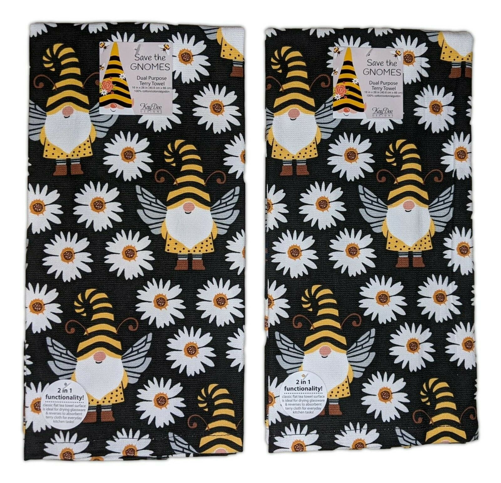 SAVE THE GNOMES Honey Bee Gnome & Daisy Terry Kitchen Towels by Kay Dee ...