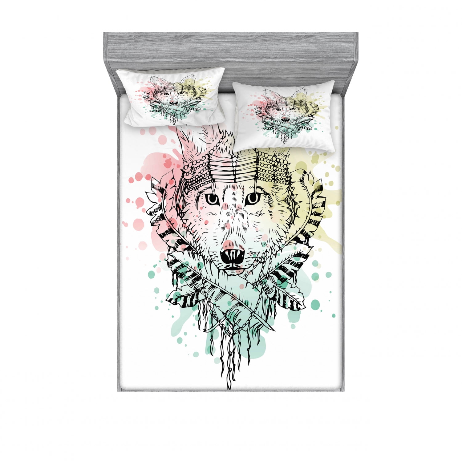 Abstract Bedding Set with Sheet & Covers, Wild Brave Tribal Animal Wolf ...