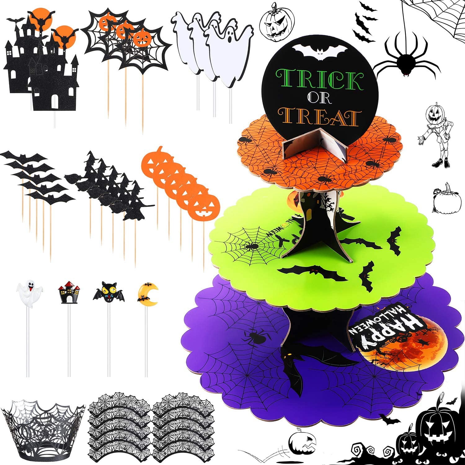 38 Pieces Halloween Decorations, 3-Tier Cardboard Cake Tower Stand ...
