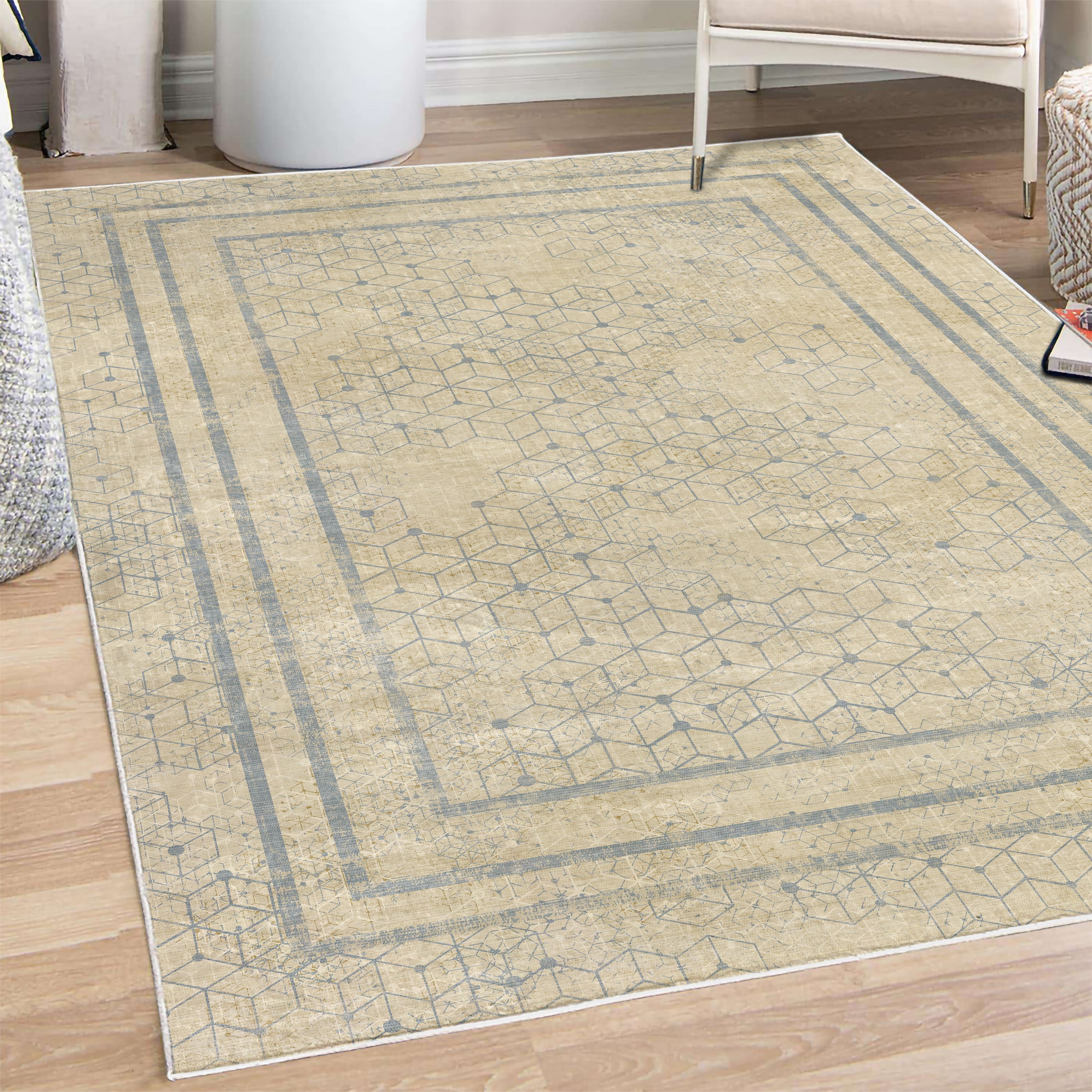 Geometric Decorative Rug, Grunge Look Inspired Cubic Themed Squares ...
