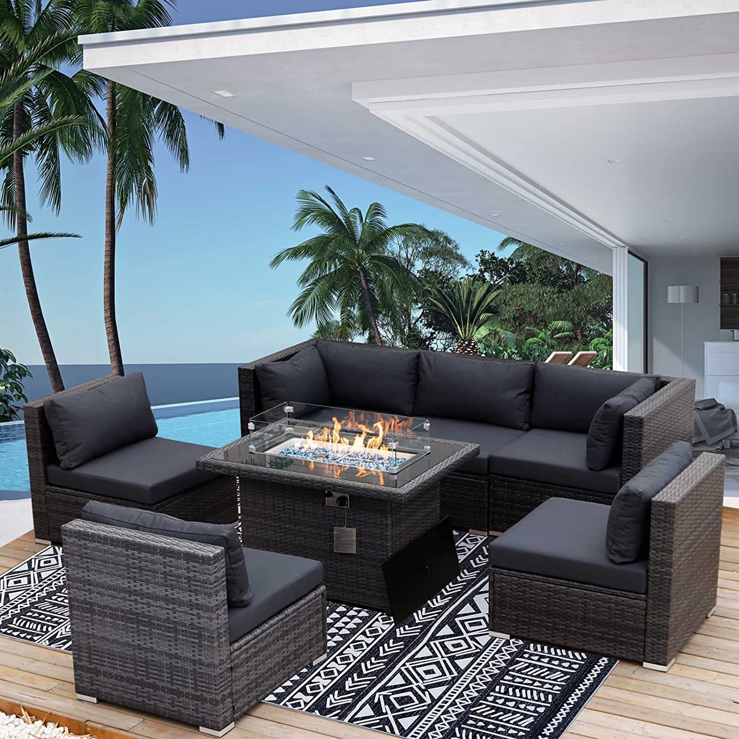 NICESOUL 7 Pcs Outdoor Furniture with Fire Pit Table Wicker, Dark Gray ...