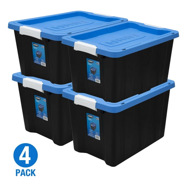 HART 12 Gallon Latching Plastic Storage Bin Container, Black with Blue ...