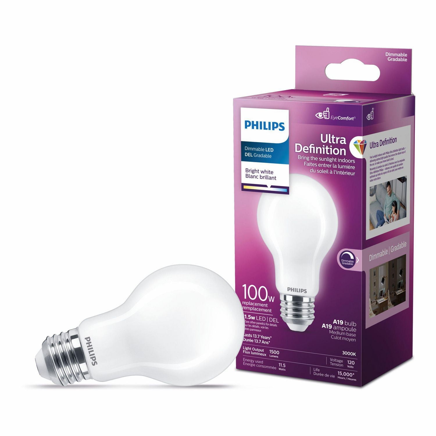 PHILIPS 13.5W 100W A19 Medium Base Ultra Definition Bright White ...
