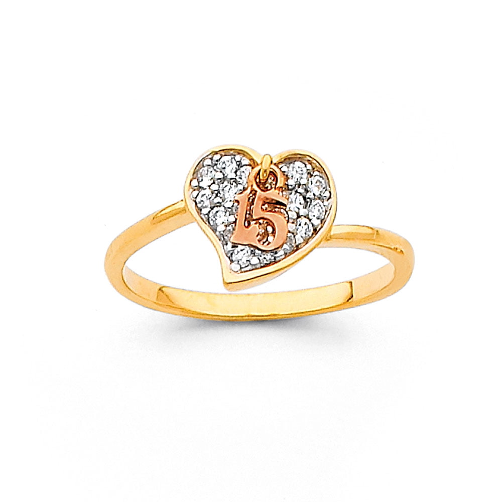 Heart 15 Quinceanera Ring Solid 14k Yellow Rose Gold CZ Quince Band 15 ...