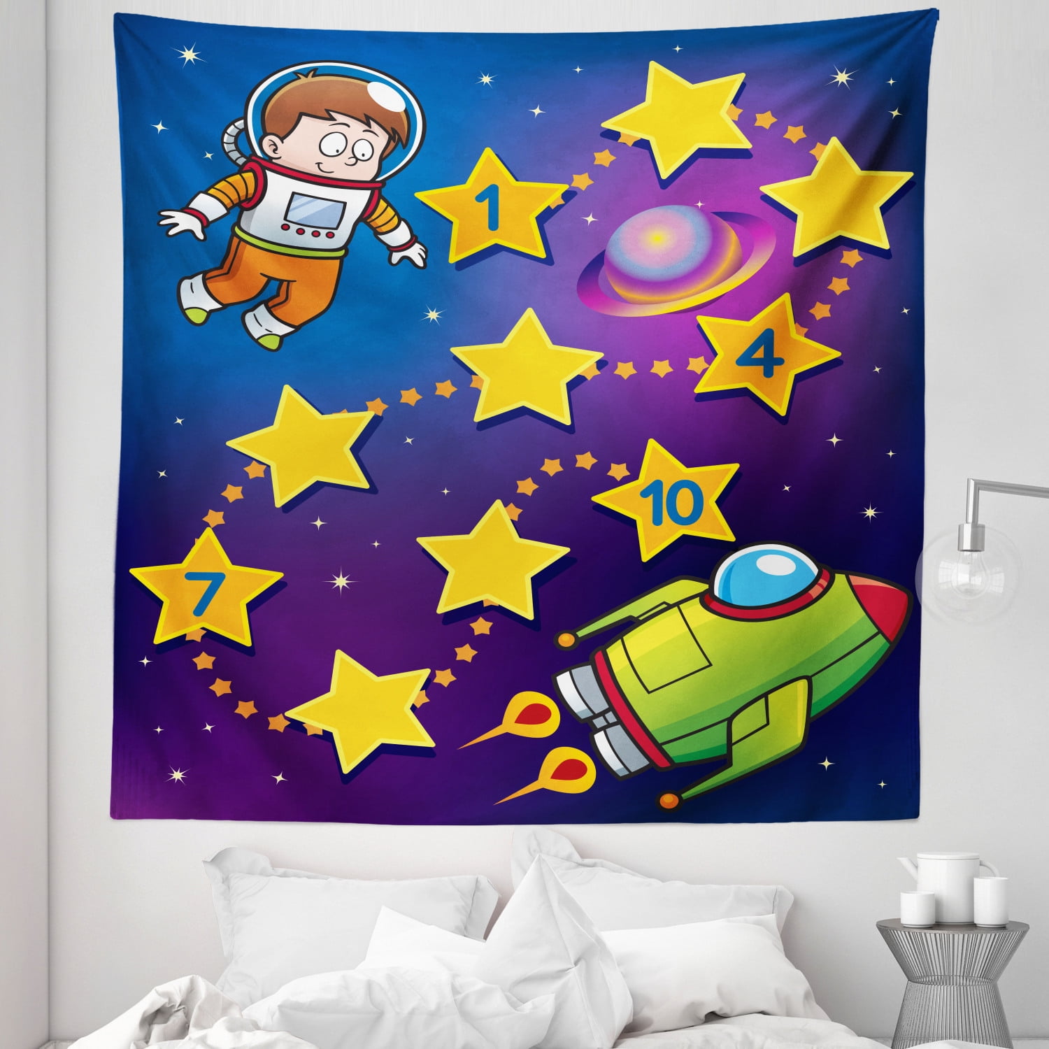 Cartoon Activity Tapestry, Space Themed Numbers Game Astronaut Reaching ...