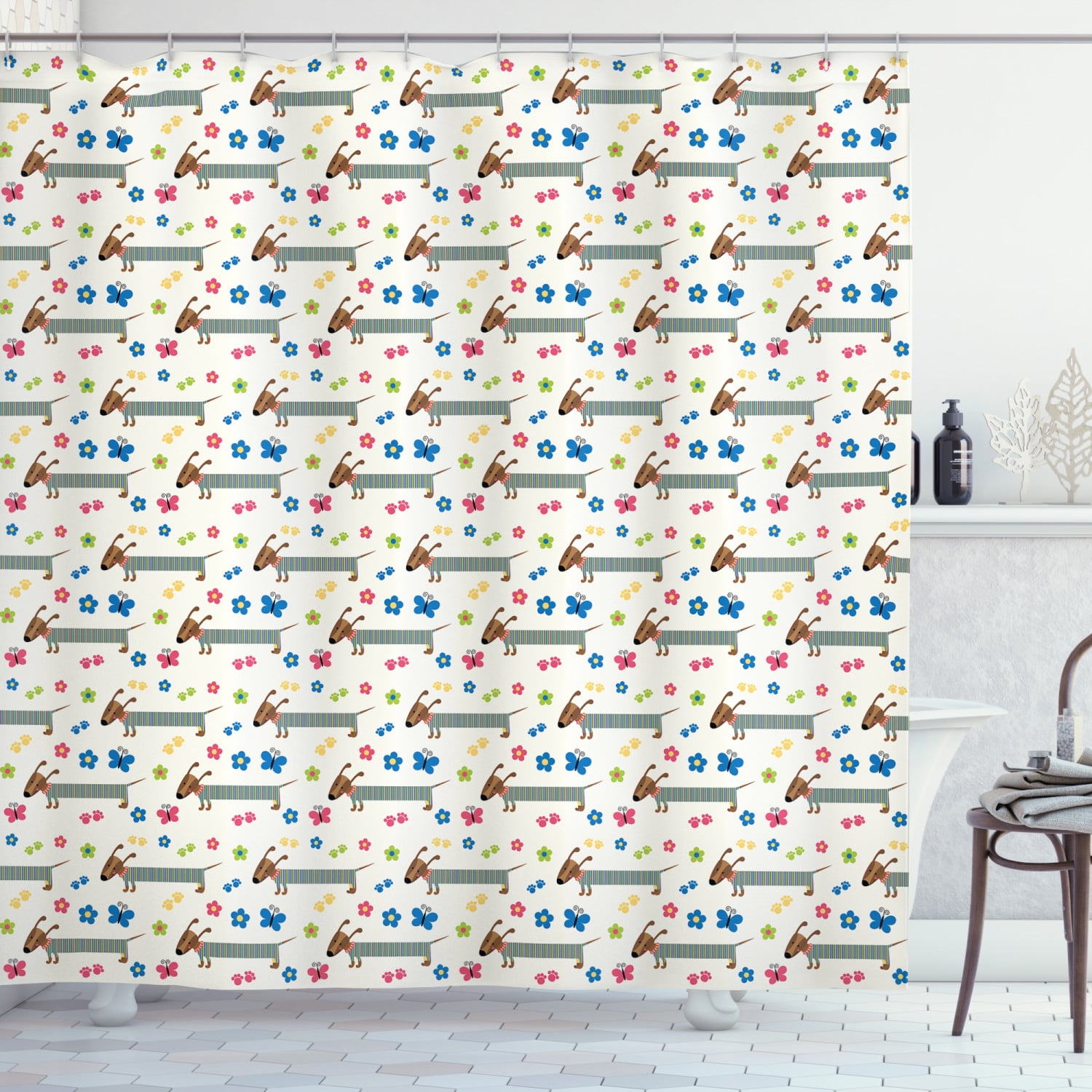 Ambesonne Dog Lover Shower Curtain, Wiener Dog Cartoon, 69"Wx70"L ...