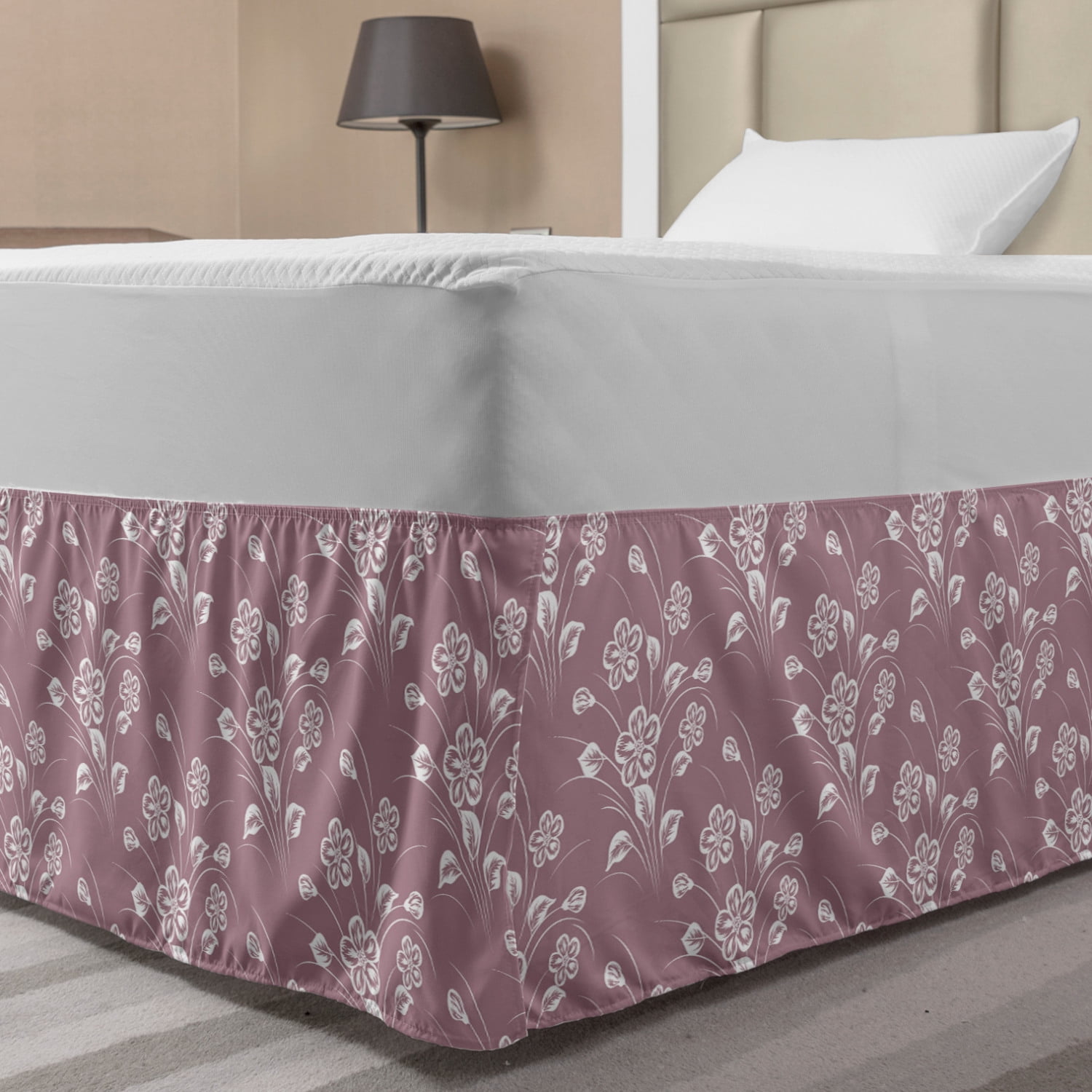 Natural Bed Skirt, Floral Theme Abstract Flowers and Leaves Pattern in ...