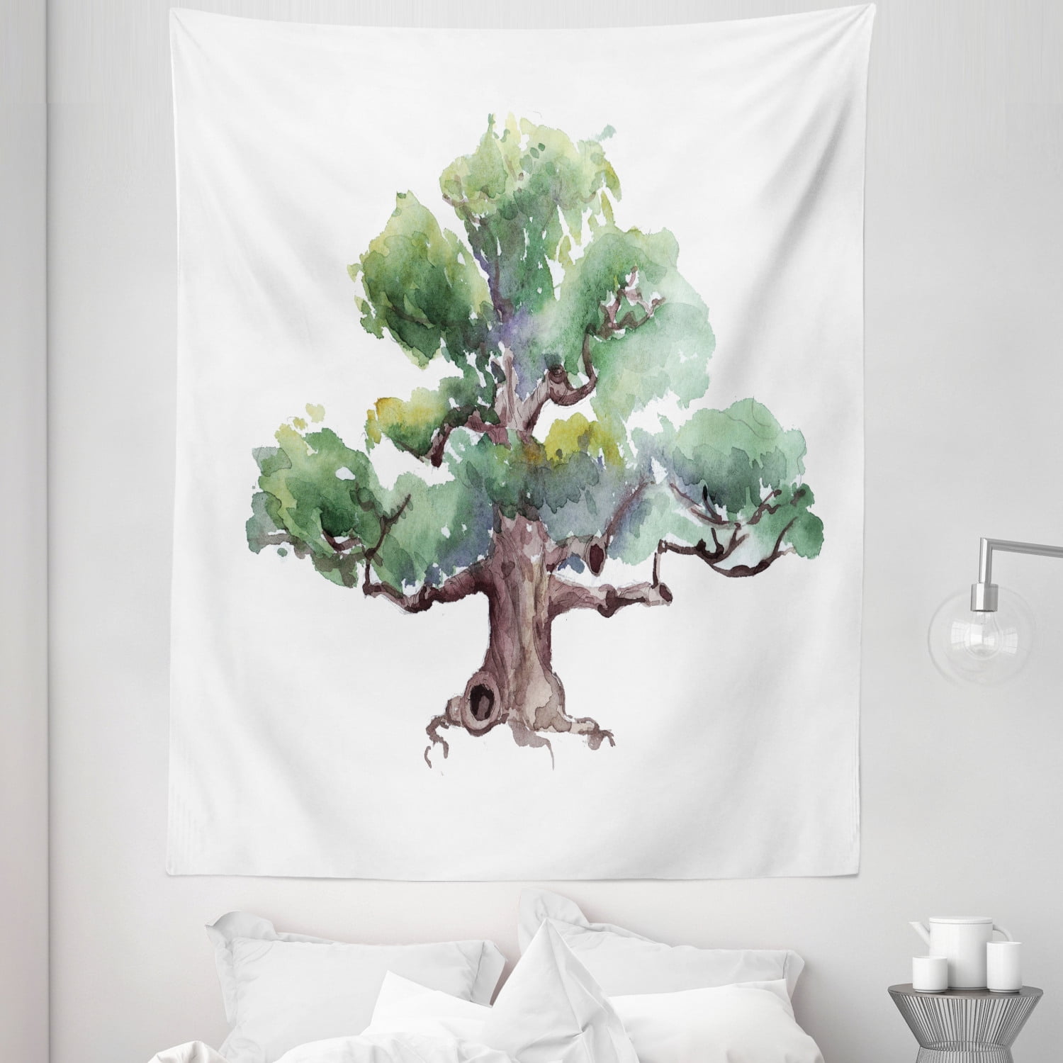 Oak Tree Tapestry, Watercolor Painting Print of Nature Leaf Branches in ...