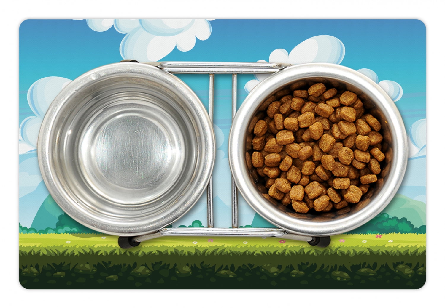 Grass Pet Mat for Food and Water, Cartoon Style Idyllic Background with ...