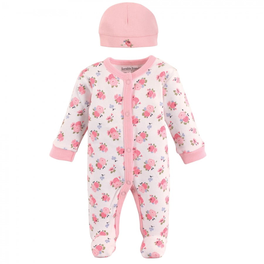 Luvable Friends Baby Girl Cotton Preemie Snap Sleep and Play and Cap ...