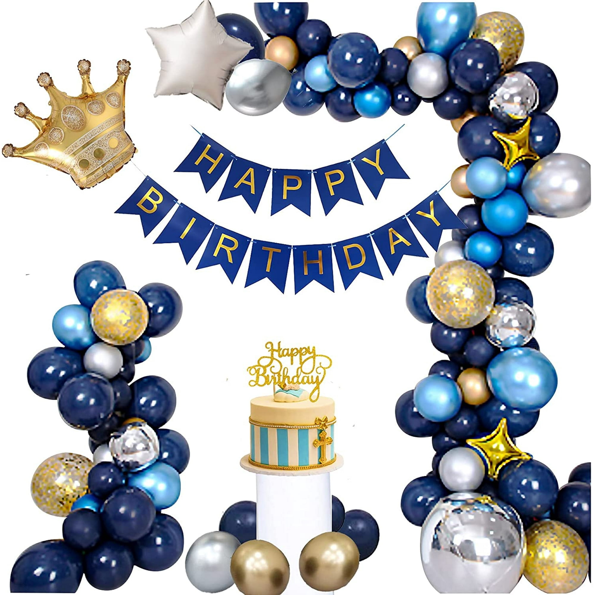 Finypa Birthday Decoration Blue Gold Balloons For Men  Crown Foil Balloons  Navy Blue Latex Balloons  Blue Gold Silver Metallic Balloons  Gold Confett
