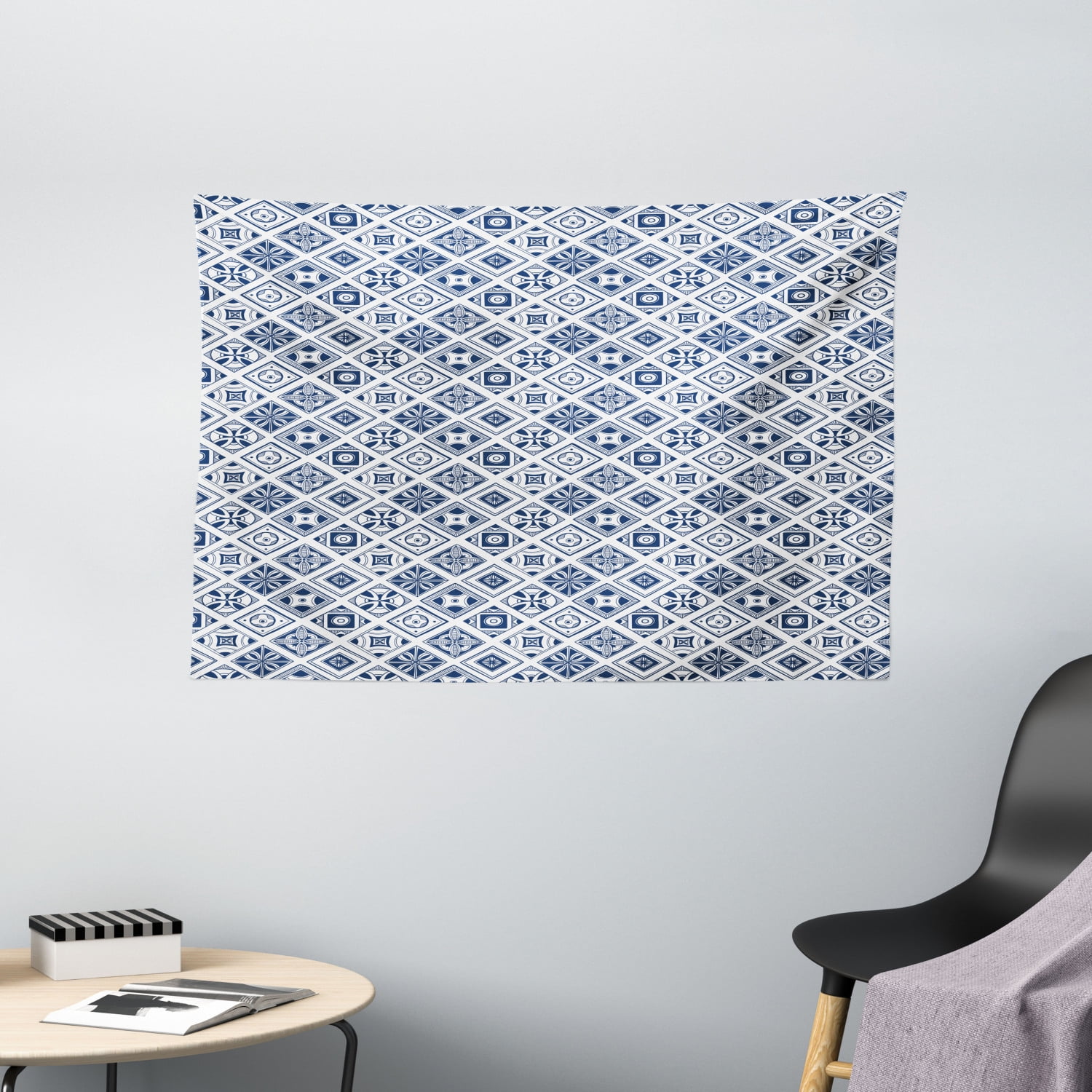 Navy Blue Tapestry, Mediterranean Traditional Art Elements with Spanish ...