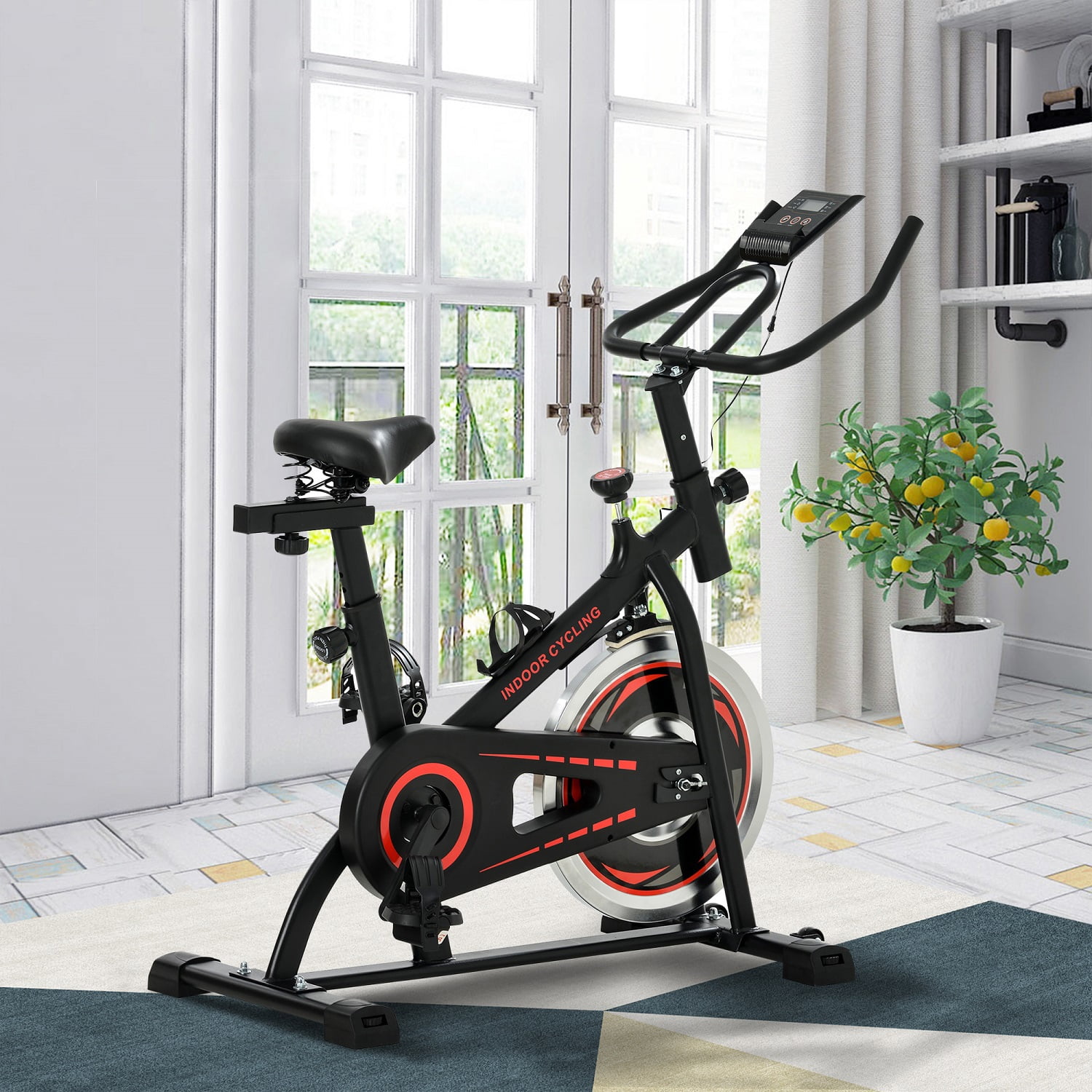 Indoor Cycling Bike, Movable Exercise Machine Bike with LCD Monitor ...
