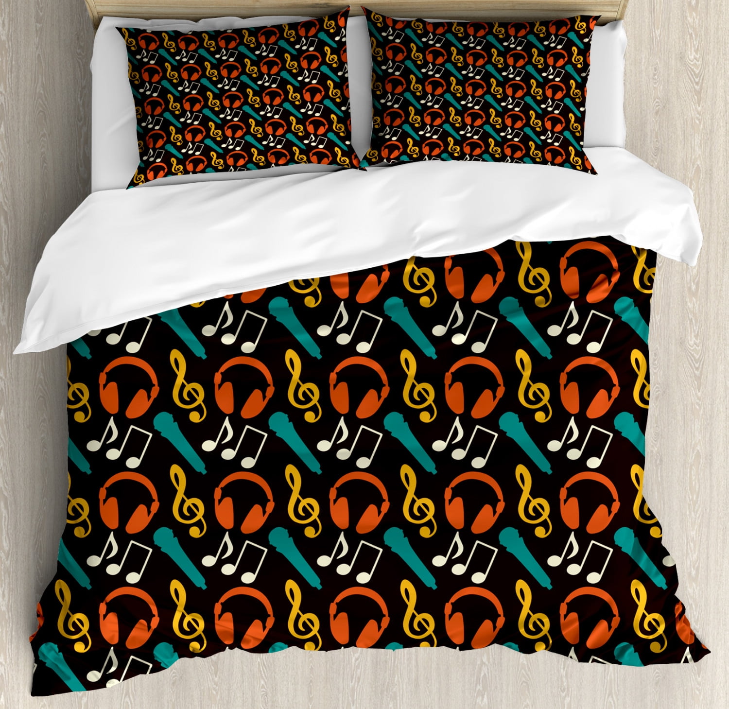 Music King Size Duvet Cover Set, Notes and DJ Headphones Pop Art Style ...