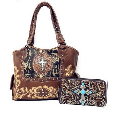 Texas West - Rhinestone Studded Large Metal Cross Flora Leather ...