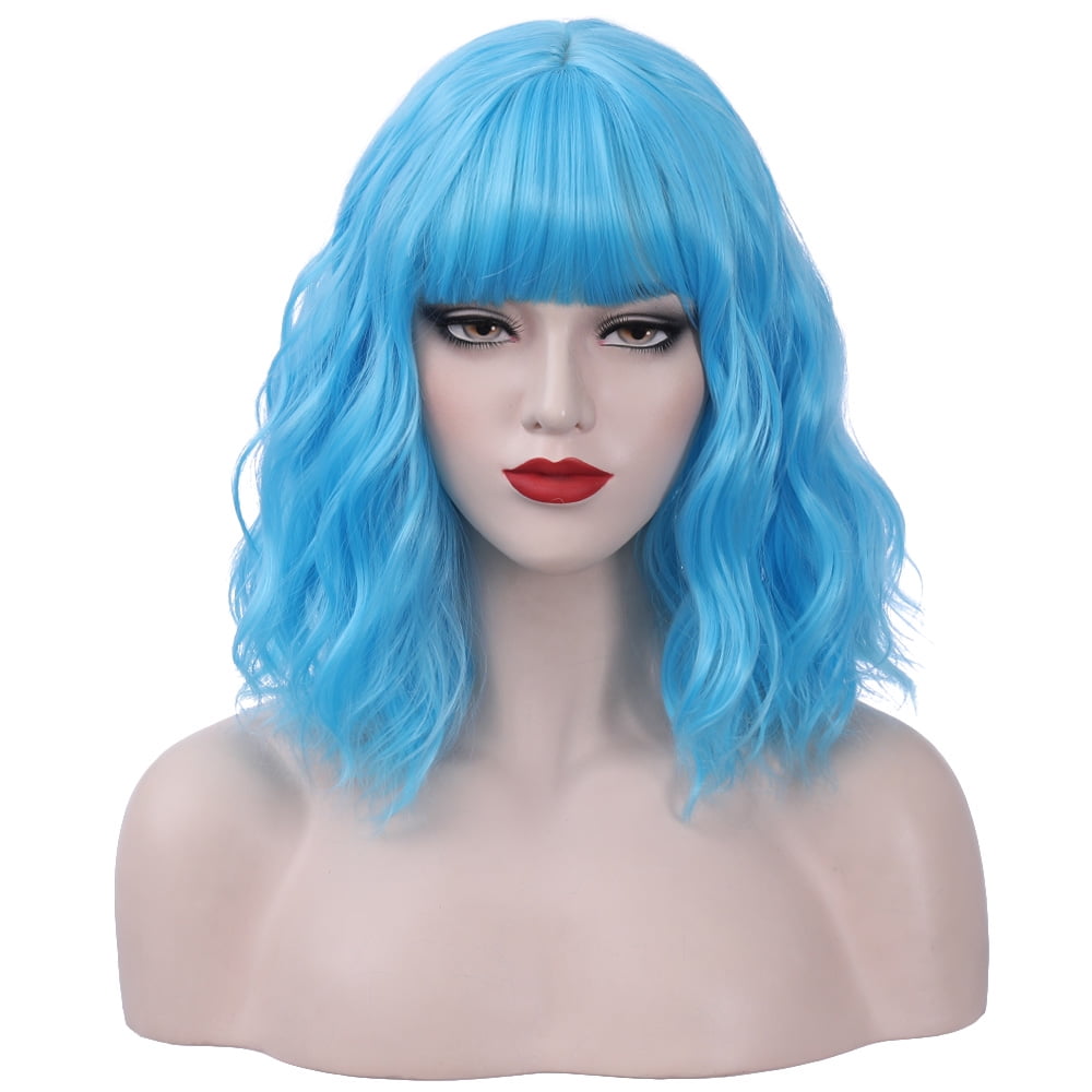 RightOn Blue Wig for Women Short Curly Wig Blue Wig with Bangs Sky Blue ...