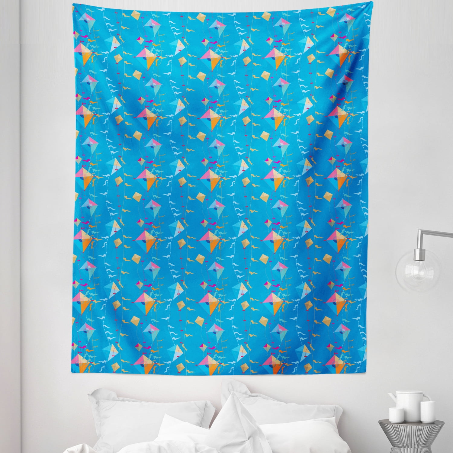 Kites Tapestry, Vibrant Flying Kite on Cables with Flags Happy Joyful ...