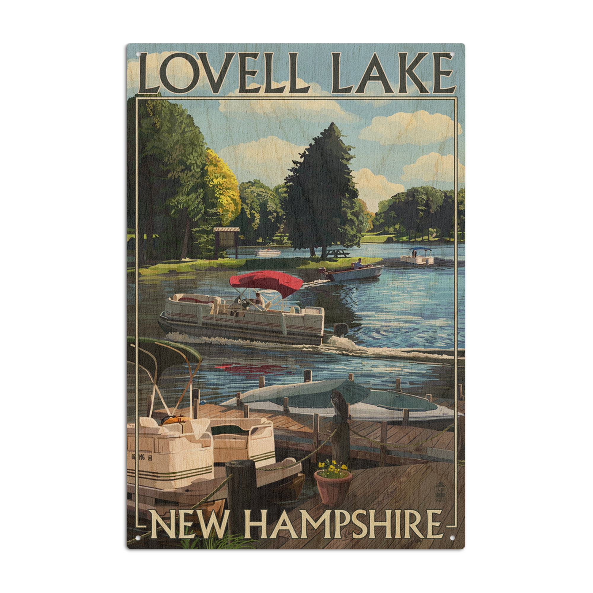 Lovell Lake, New Hampshire, Pontoon and Lake Birch Wood Wall Sign (6x9 ...