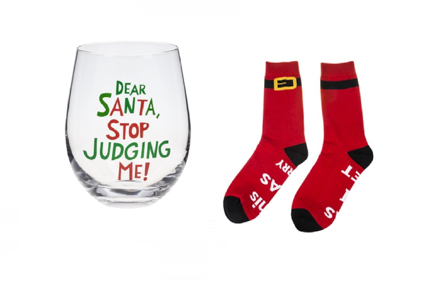 Stemless Wine Glass & Socks: Naughty List Stemless Wine Glass and ...