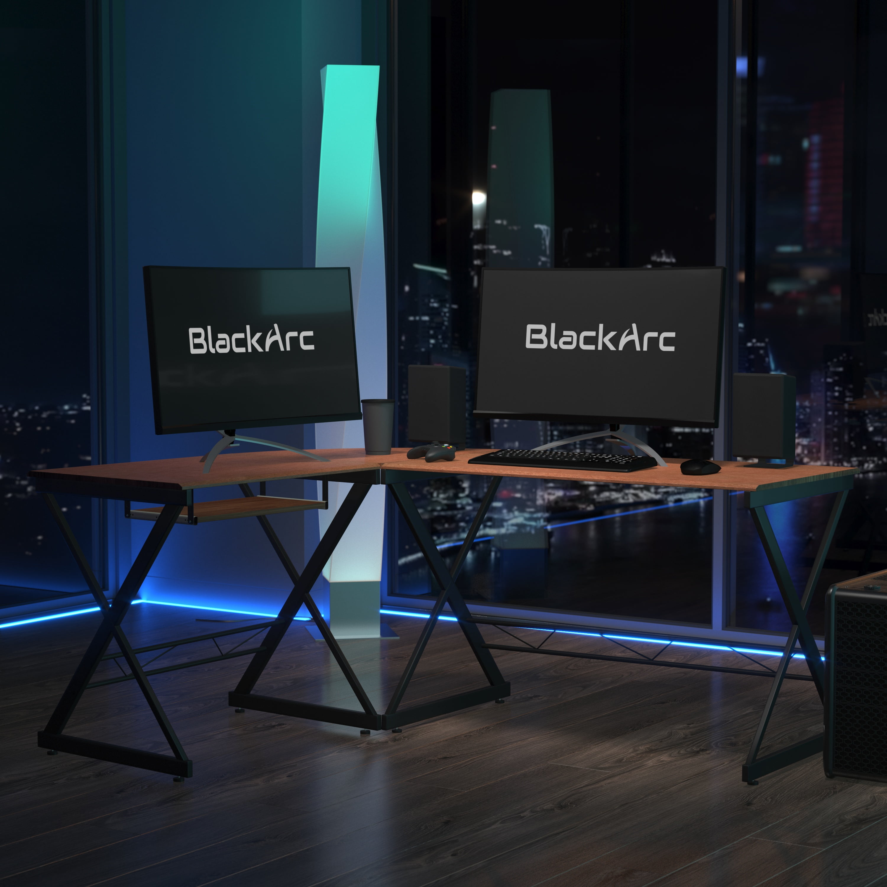 BlackArc L-Shaped Gaming Desk Teakwood Finish Laminate Top-Black Powder ...